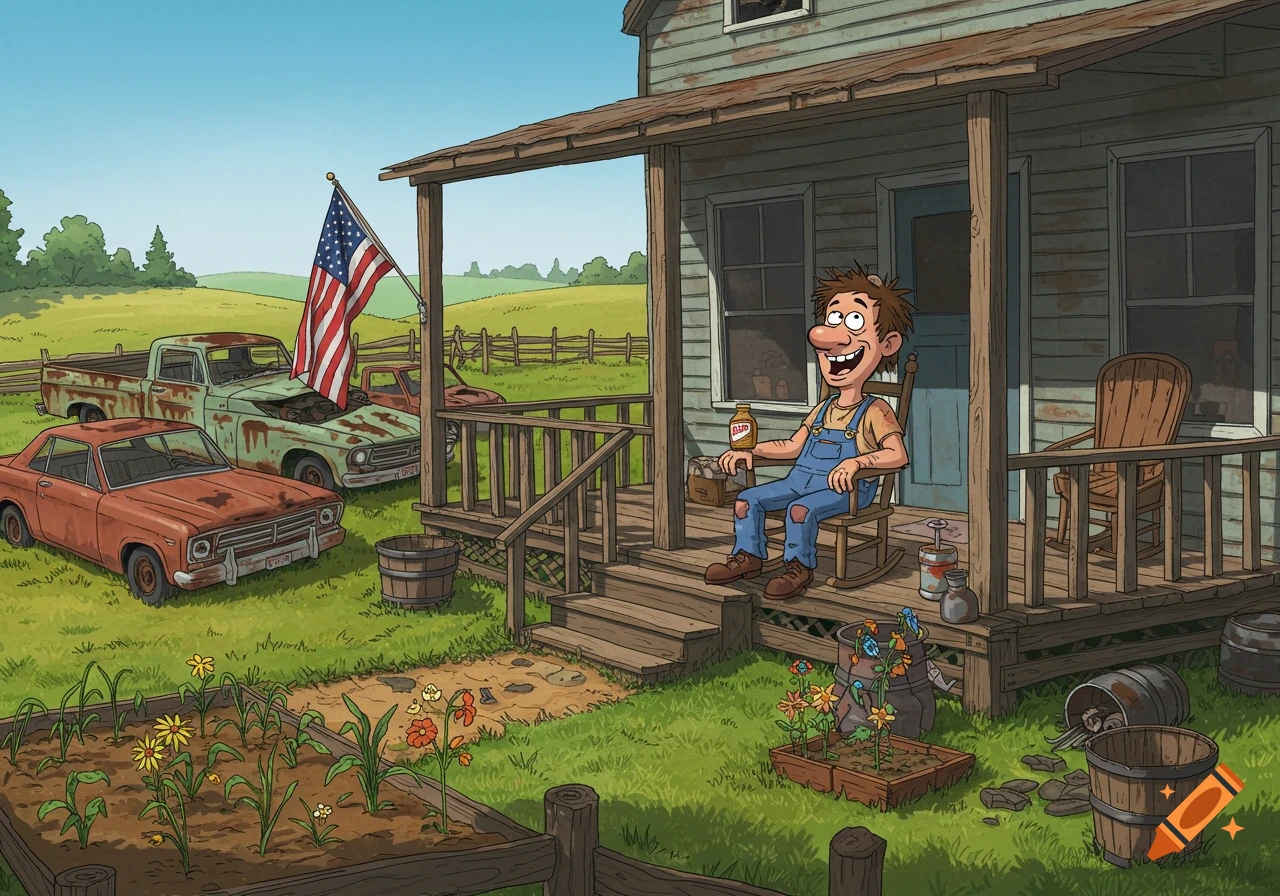 A smiling cartoon hillbilly sits on a porch in a rocking chair ...