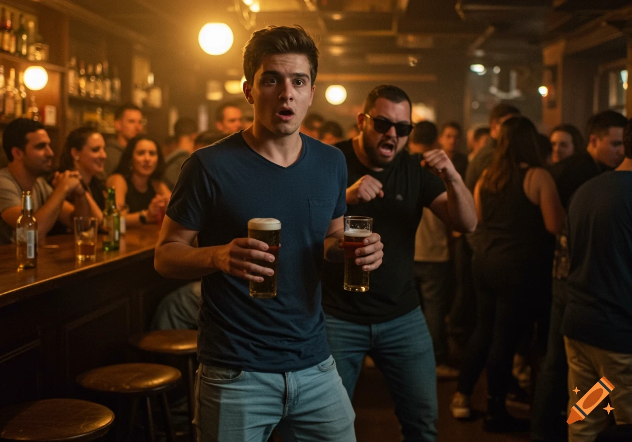 A surprised man holds two beers in a dimly lit bar, while another man behind him in sunglasses ...