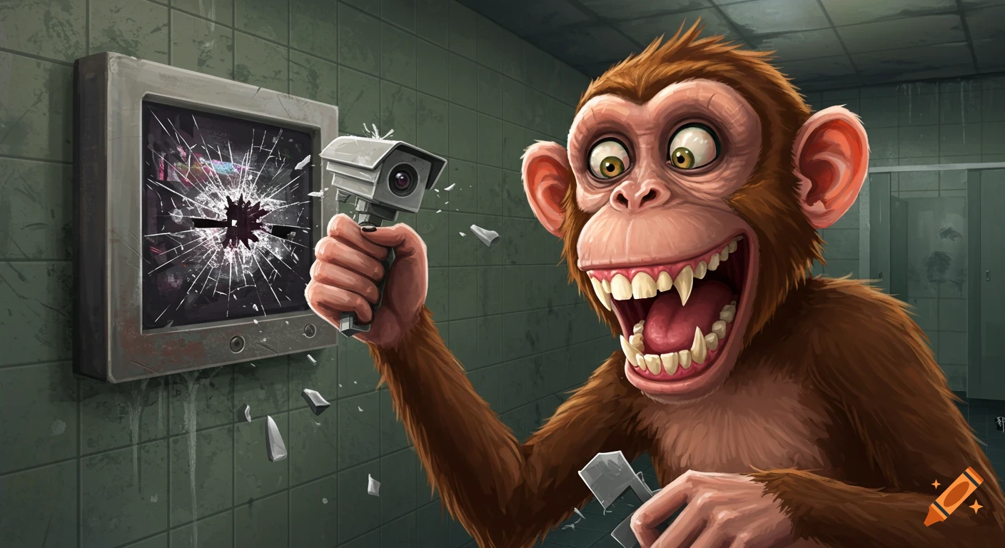 A cartoon monkey with big eyes and a wide grin smashes a CCTV camera on ...