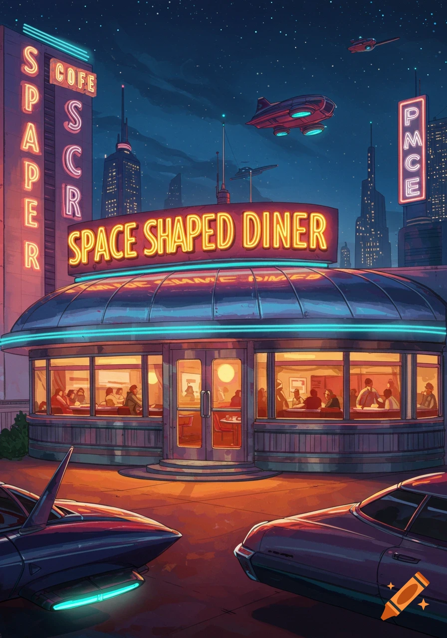 A vibrant retro-futuristic illustration of a "Space Shaped Diner" with ...
