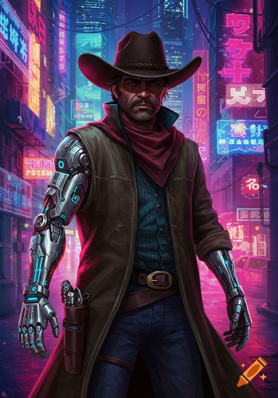 A cybernetic cowboy in a trench coat and hat stands in a neon-lit ...