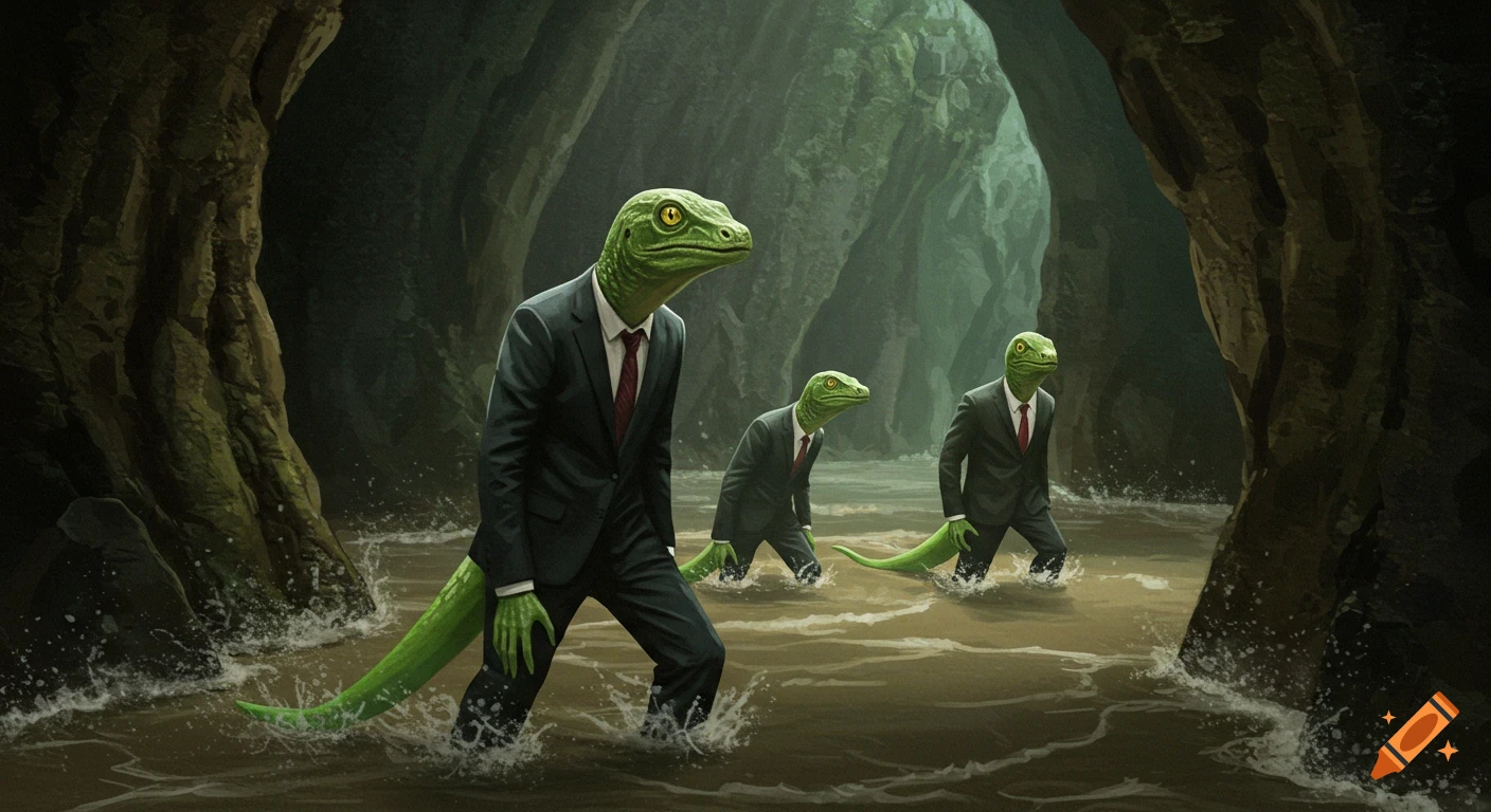 A group of green humanoid lizards in dark suits wade through a flooded ...