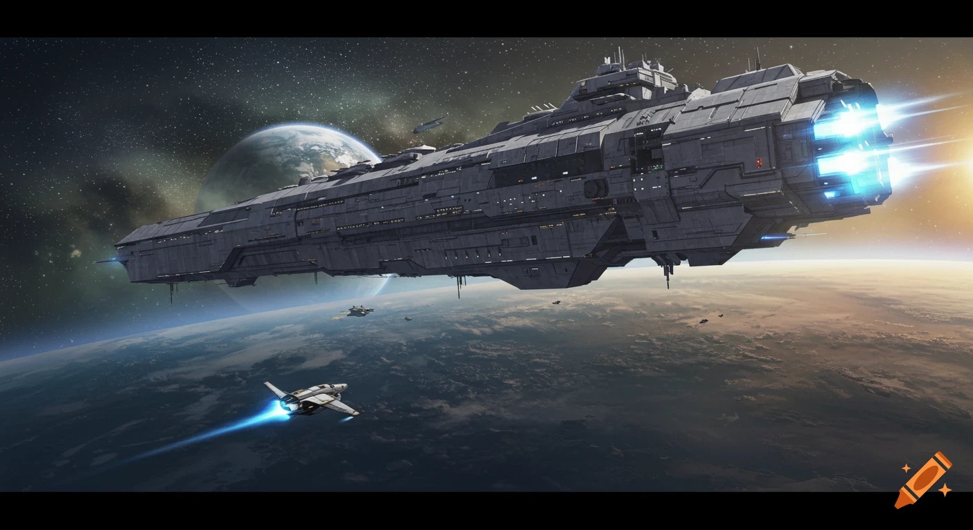 An enormous, heavily armed intergalactic space vessel flies above a ...