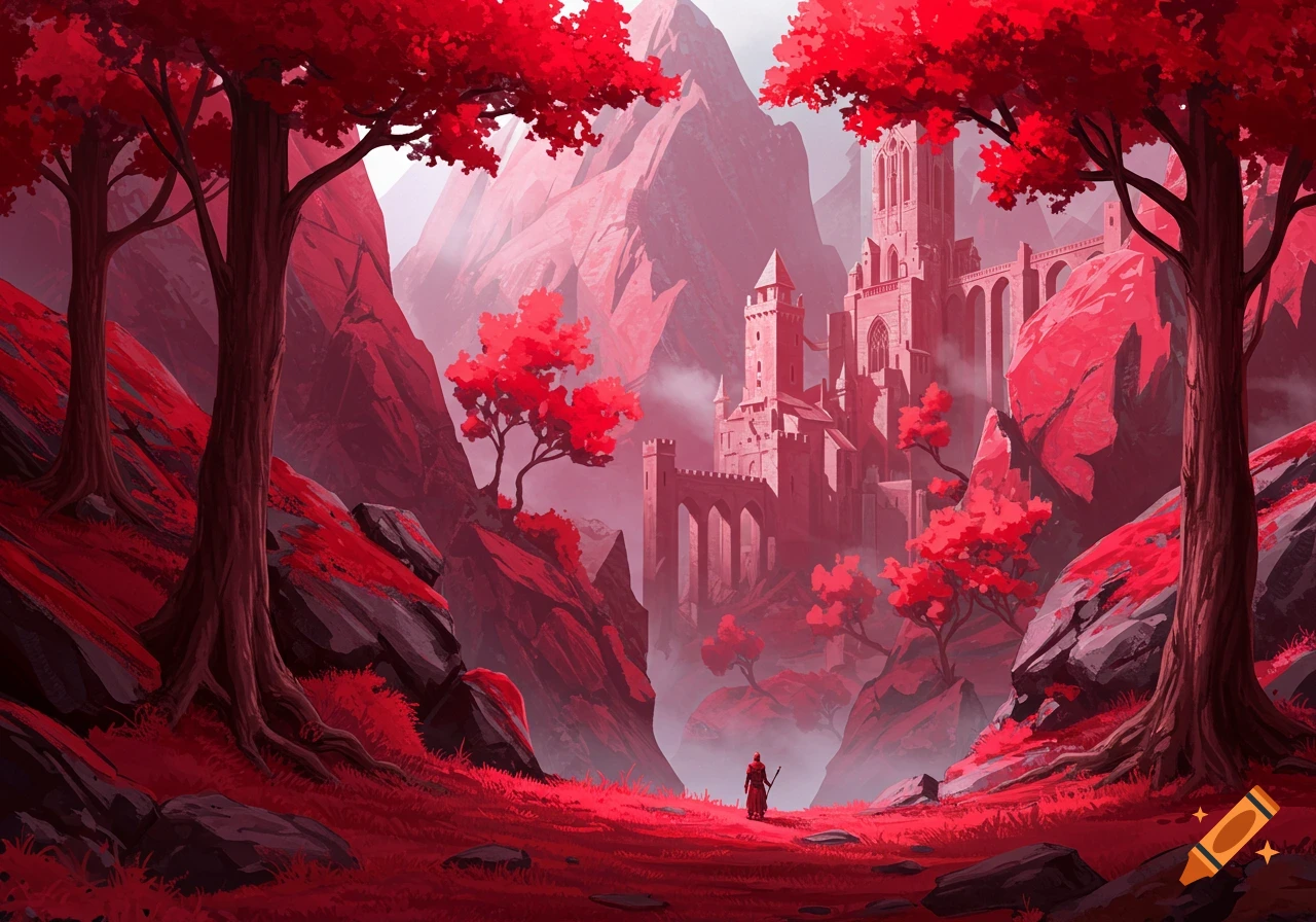 A vibrant red fantasy landscape with a large castle, mountains, red ...