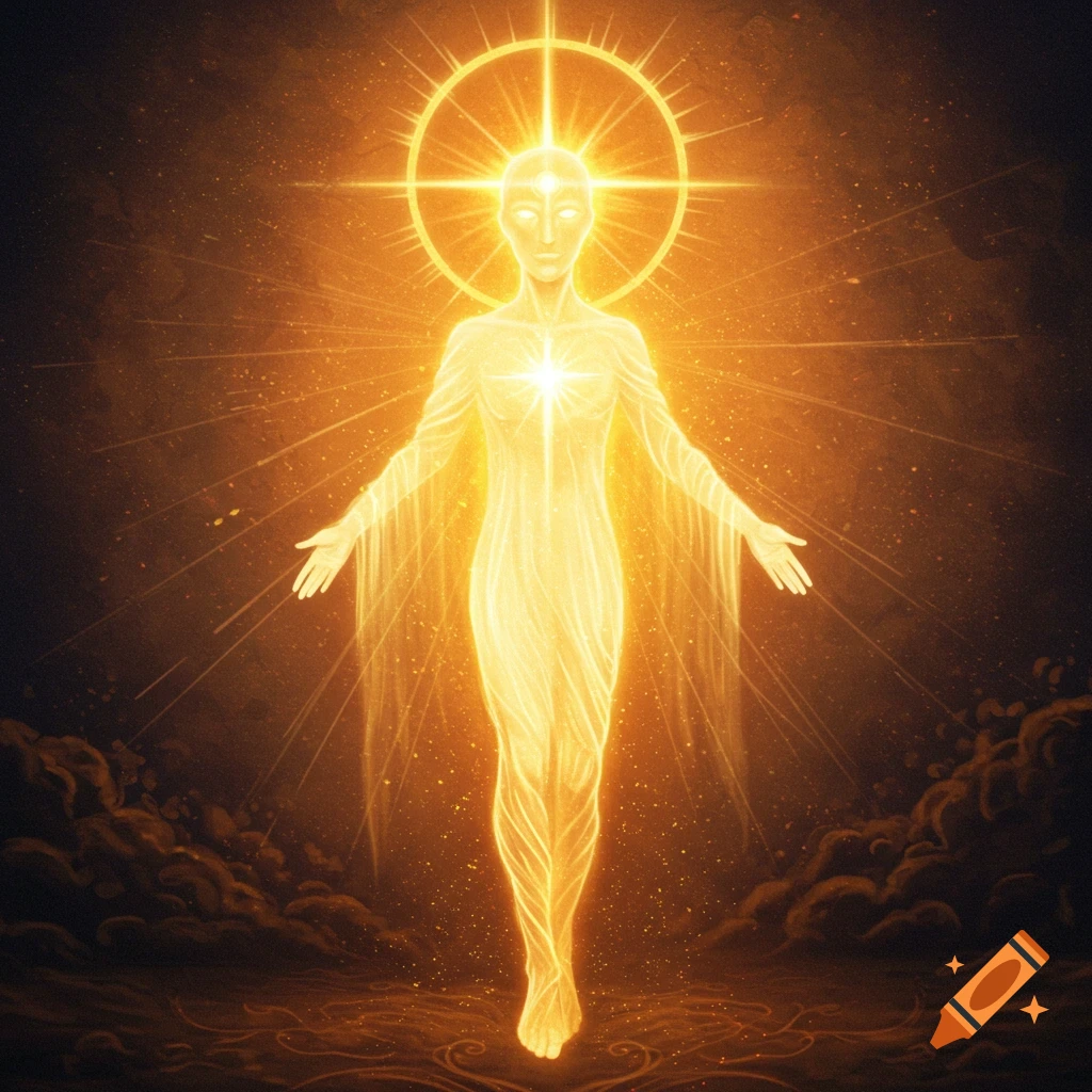 An ethereal, glowing humanoid figure with outstretched arms stands bathed in golden light, with ...