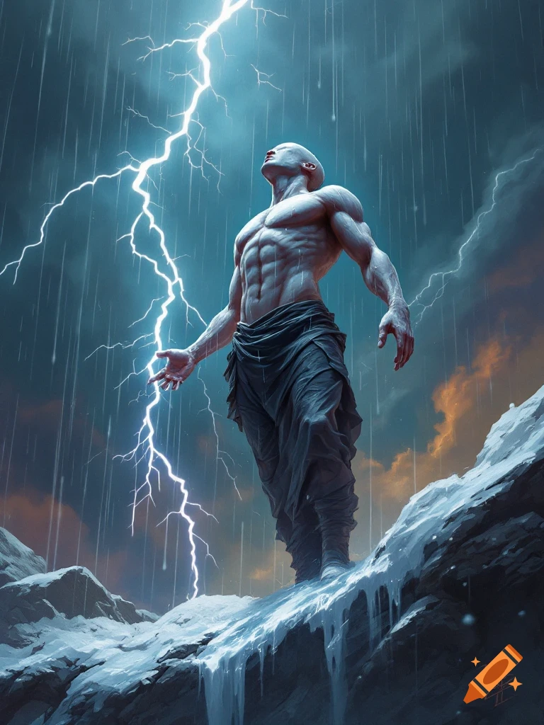 A bald, muscular man in pants stands on a snowy mountain peak, looking ...