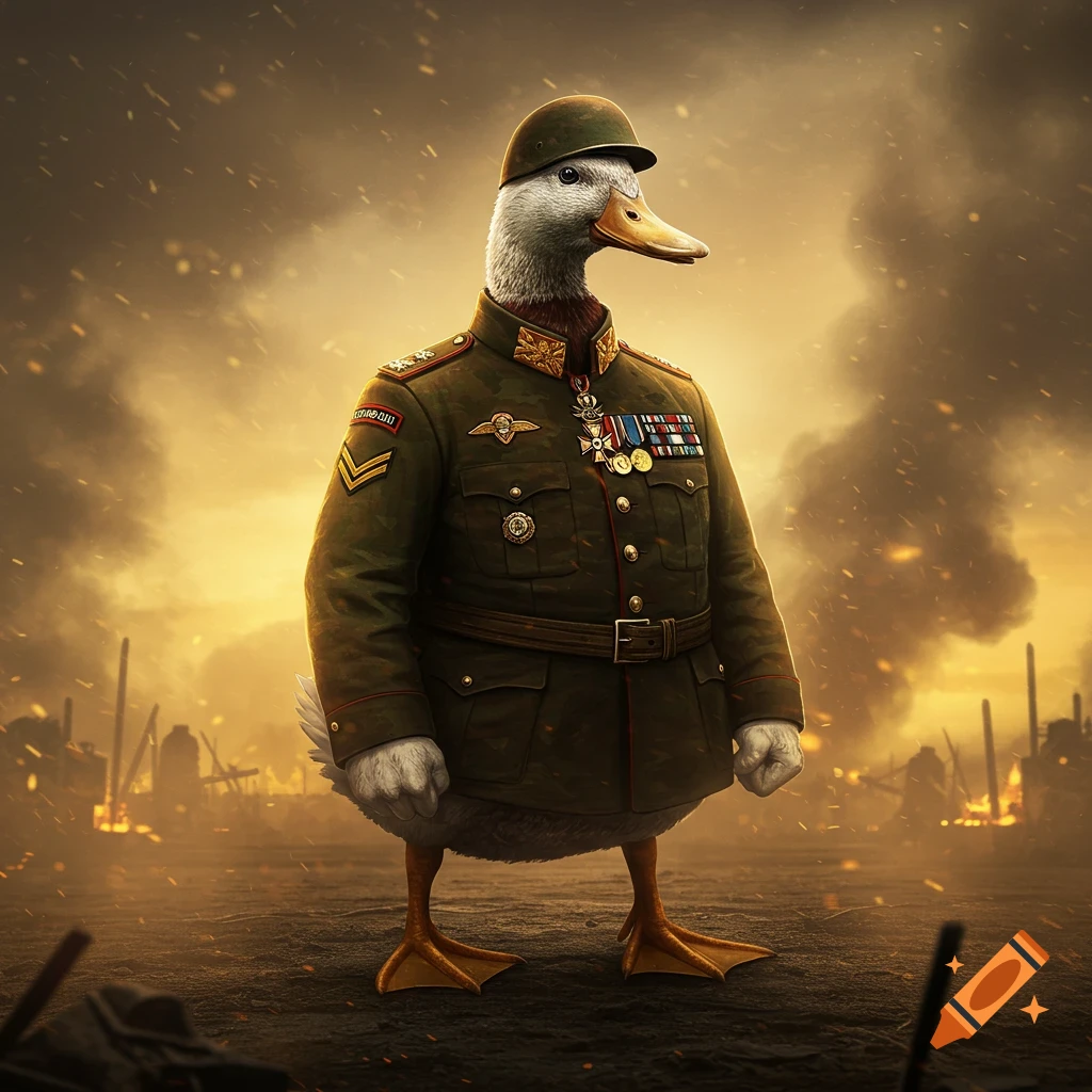 A realistic duck dressed in a military uniform stands in a smoky, war ...