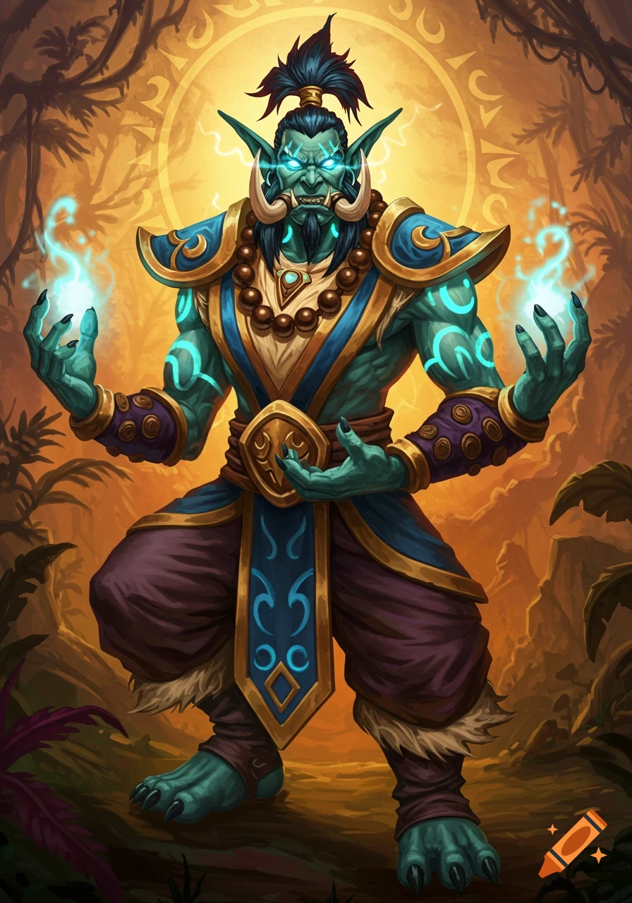 A green-skinned troll monk with glowing eyes and hands conjuring blue ...