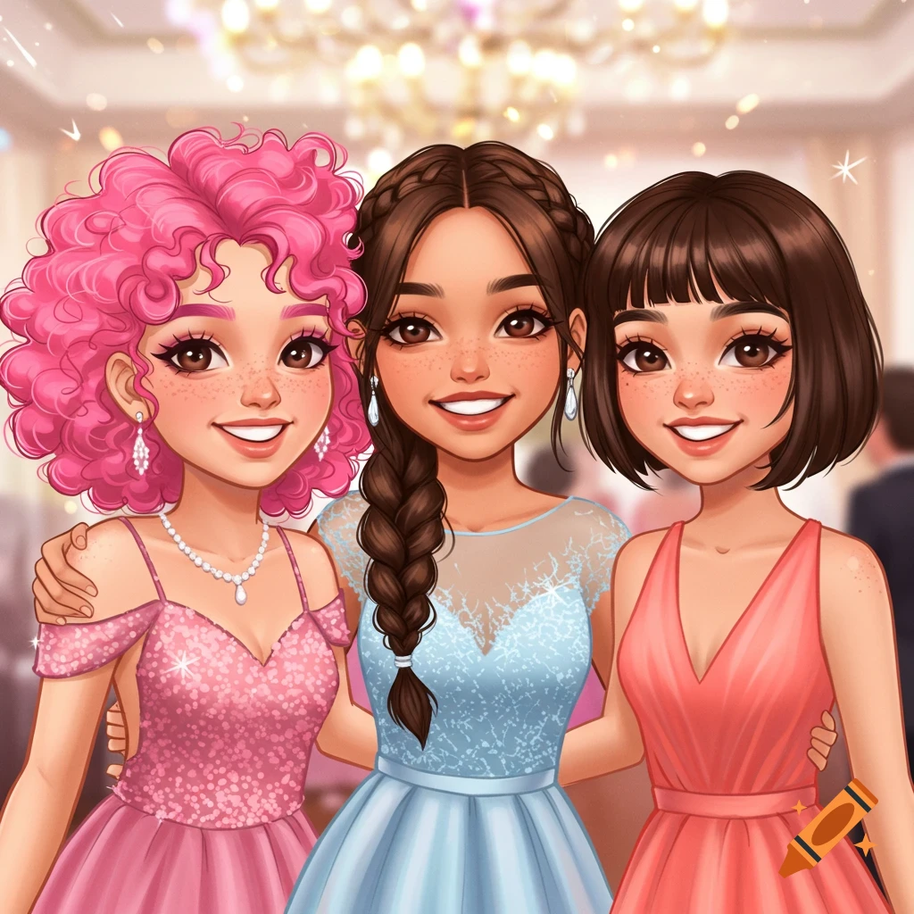 Three animated girls with different hairstyles and dresses smile at a ...