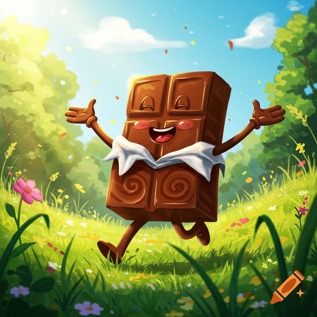 A happy, cartoon chocolate bar with arms and legs dancing in a sunny ...