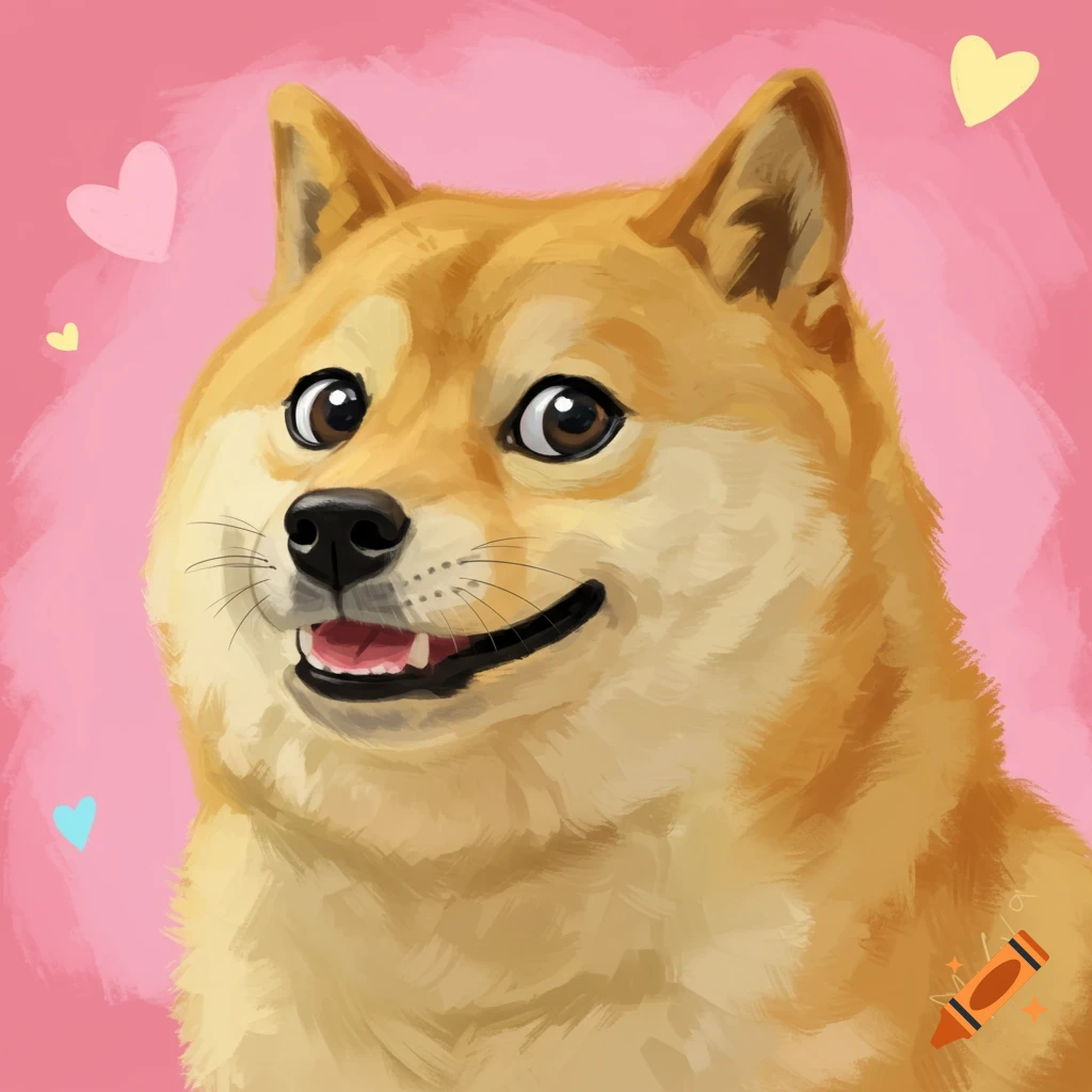 A digital painting of the Shiba Inu dog from the Doge meme, smiling against a pink background ...