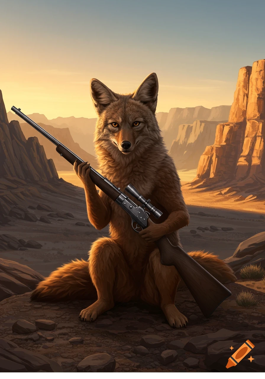 An anthropomorphic coyote holding a bolt-action rifle in a desert ...