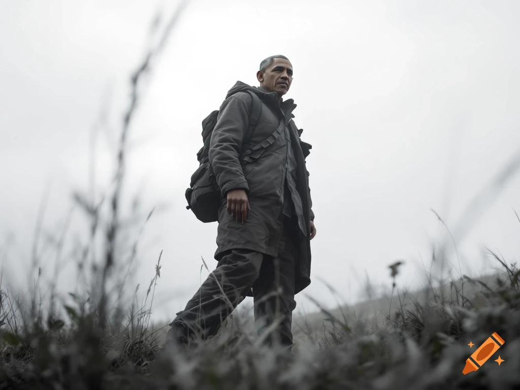 Barack Obama in a jacket and backpack walking through tall grass on a ...