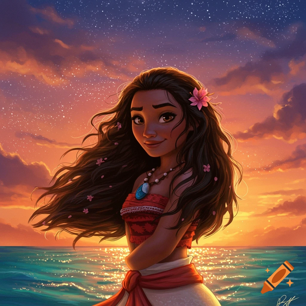 An illustration of Disney's Moana standing in the ocean at sunset under ...