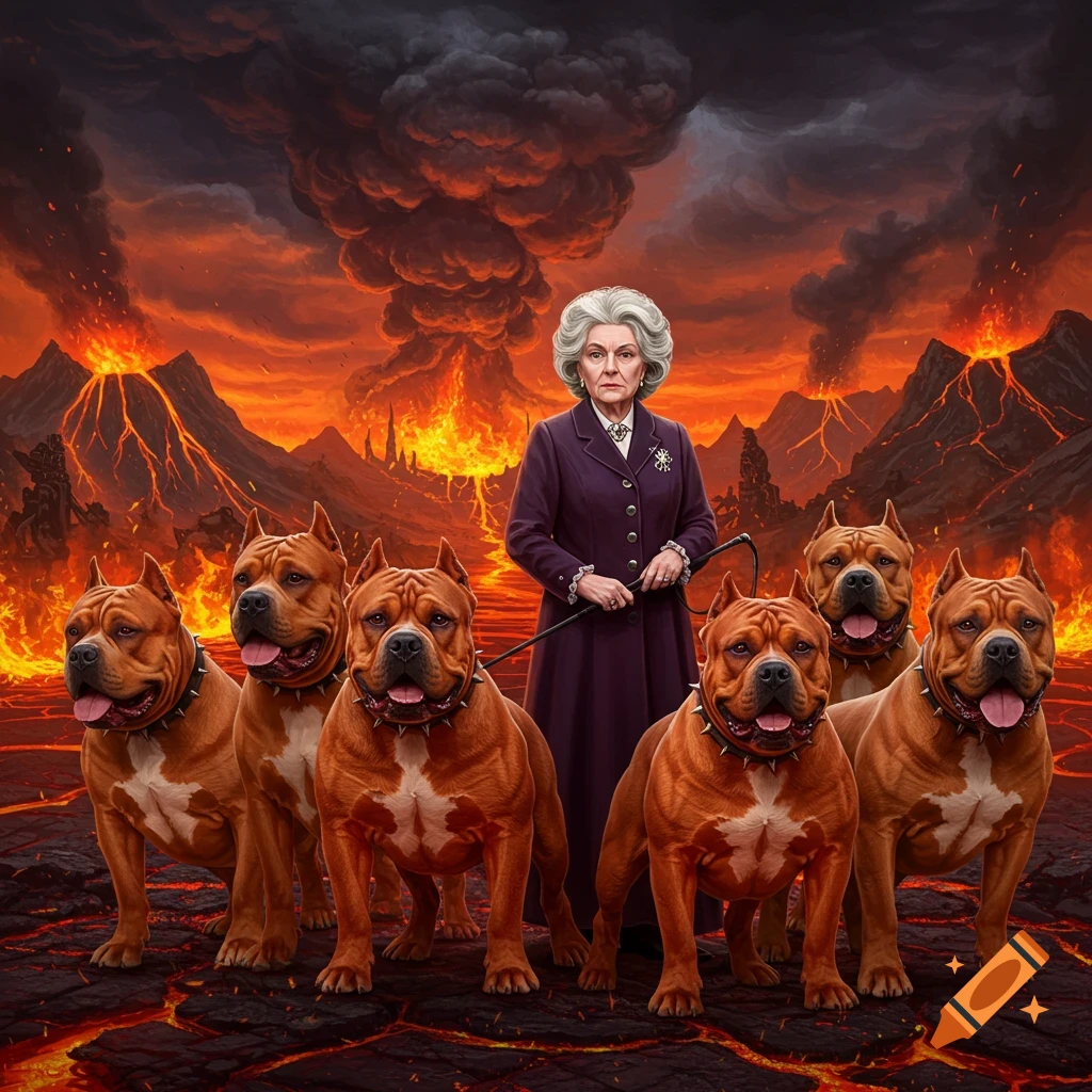 An old lady holding a leash stands among six large brown dogs in a ...