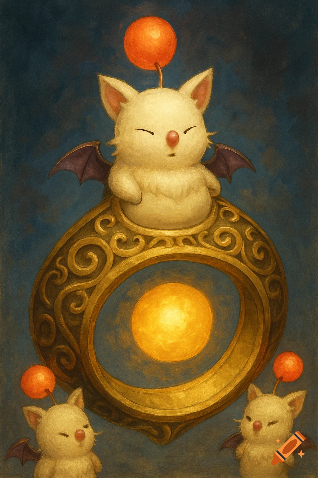 A golden, ornate ring with a glowing orange orb, topped by a large fluffy Moogle with wings ...