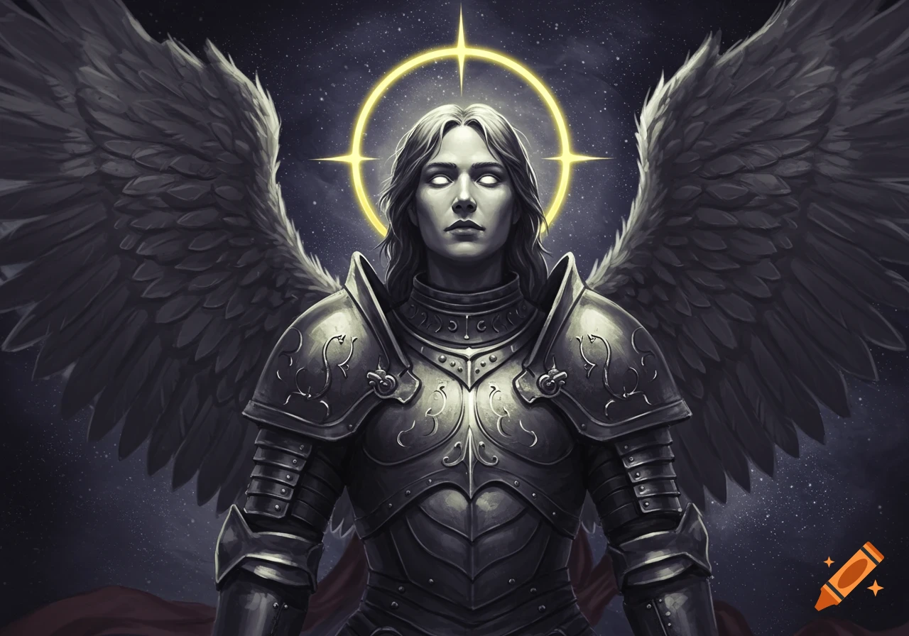 An armored angel with large dark wings and a glowing halo against a ...