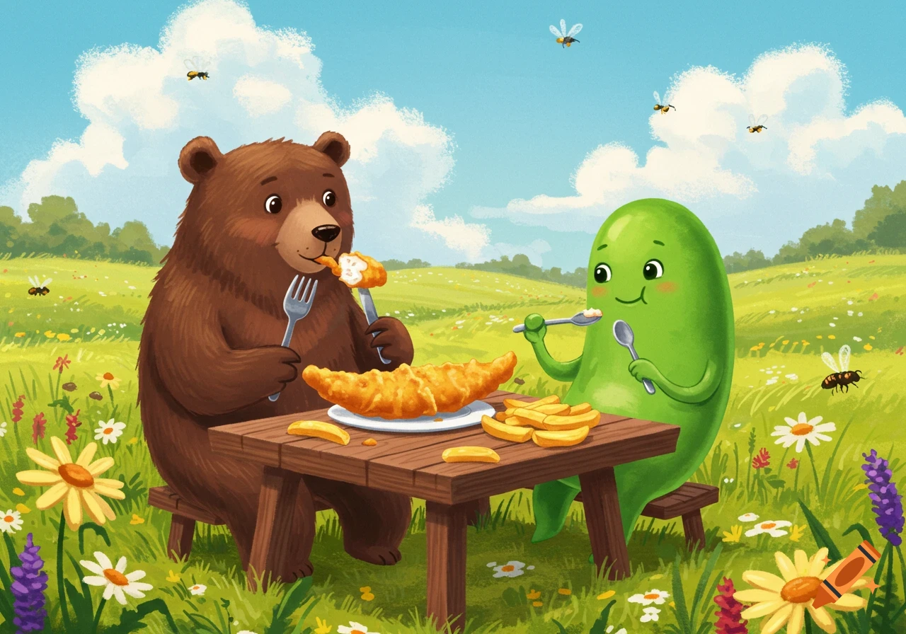 Cartoon bear and green bean-shaped character eating fish and chips at a ...