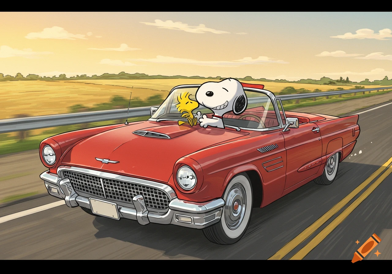 Snoopy and Woodstock driving a red Ford Thunderbird convertible on a ...