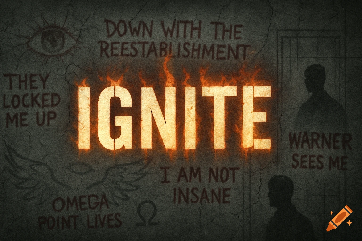 A dark, cracked concrete wall with the word "IGNITE" glowing in the center, surrounded by faded ...