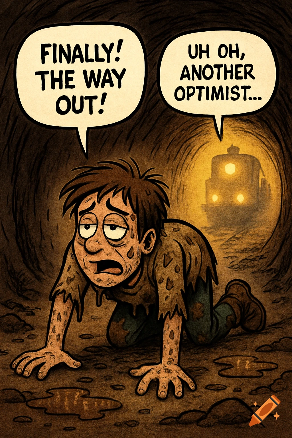 Cartoon of a muddy person crawling in a tunnel towards a train, with ...