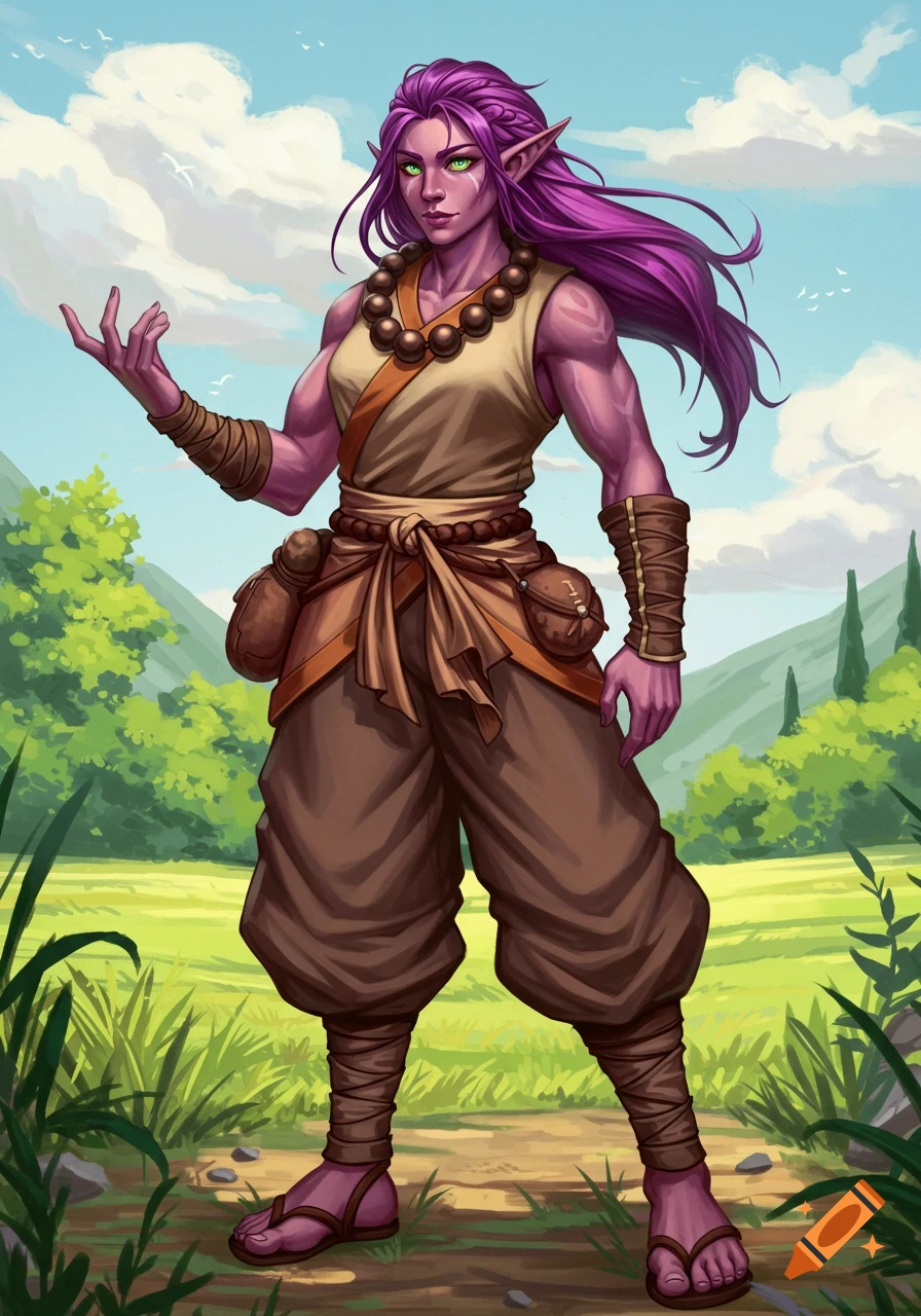 A purple-skinned, purple-haired female fantasy character wearing monk ...