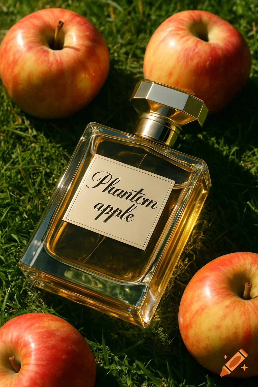 A luxury perfume bottle labeled 'Phantom apple' lies on green grass ...