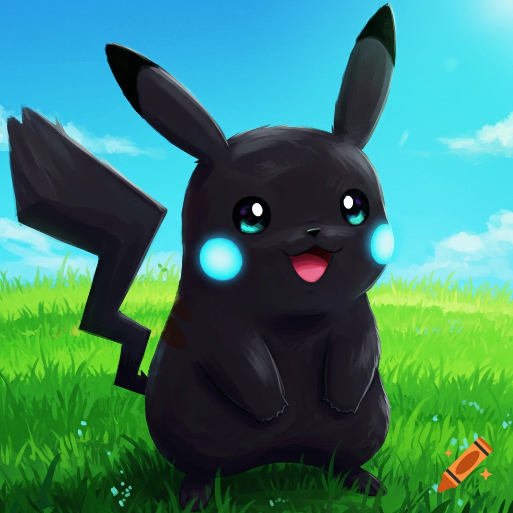 A black Pikachu with glowing blue cheeks and eyes stands in green grass ...