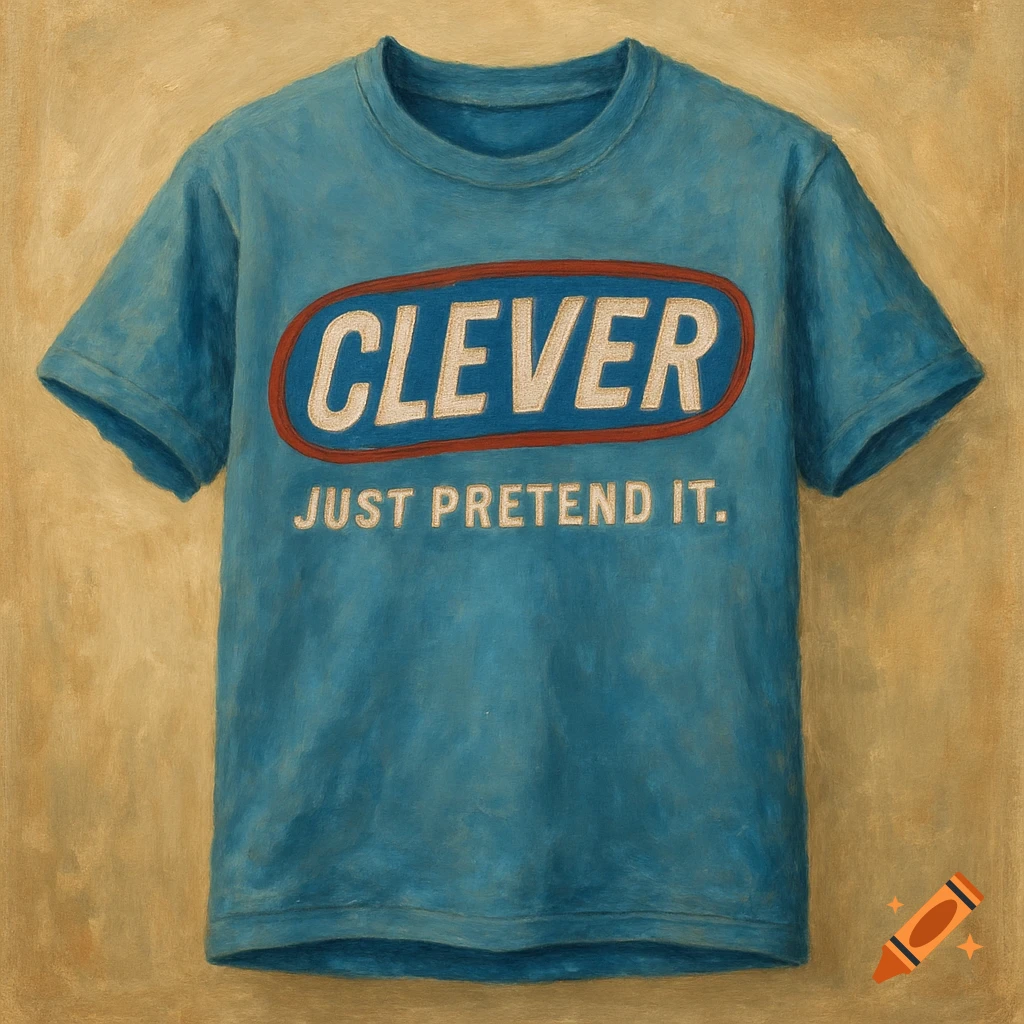 A blue t-shirt with the words 'CLEVER' in a red-outlined oval and 'JUST ...