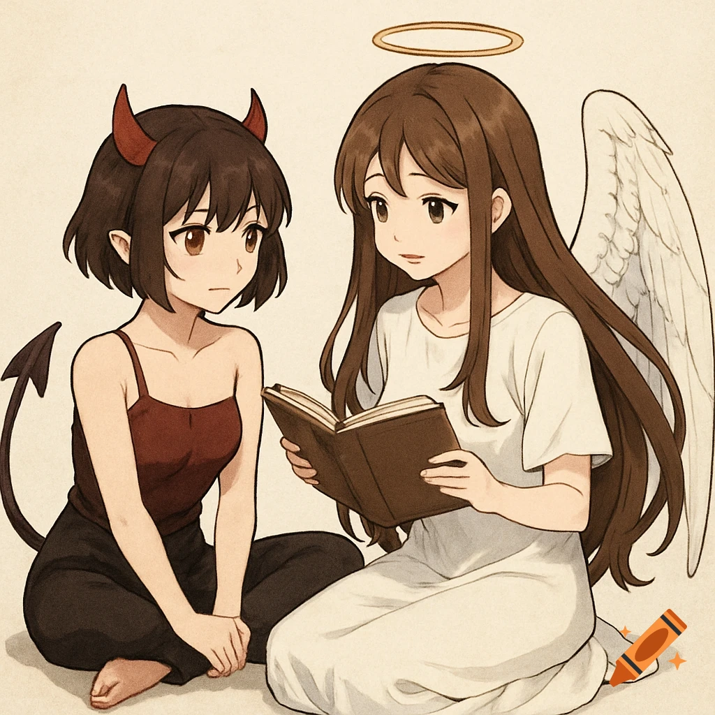 Anime-style illustration of a brown-haired angel reading a book to a ...