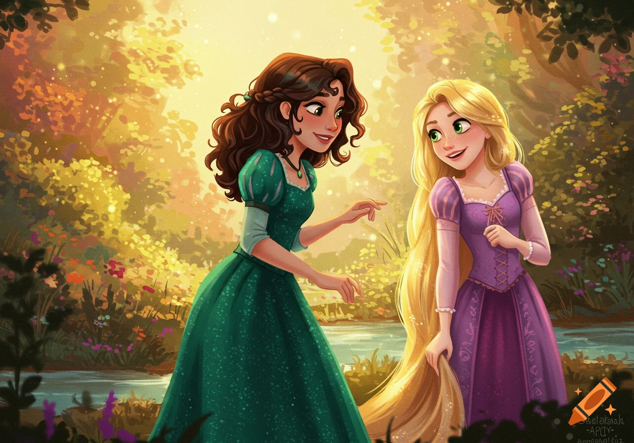 An animated illustration of Rapunzel and Cassandra in a sunlit fantasy ...