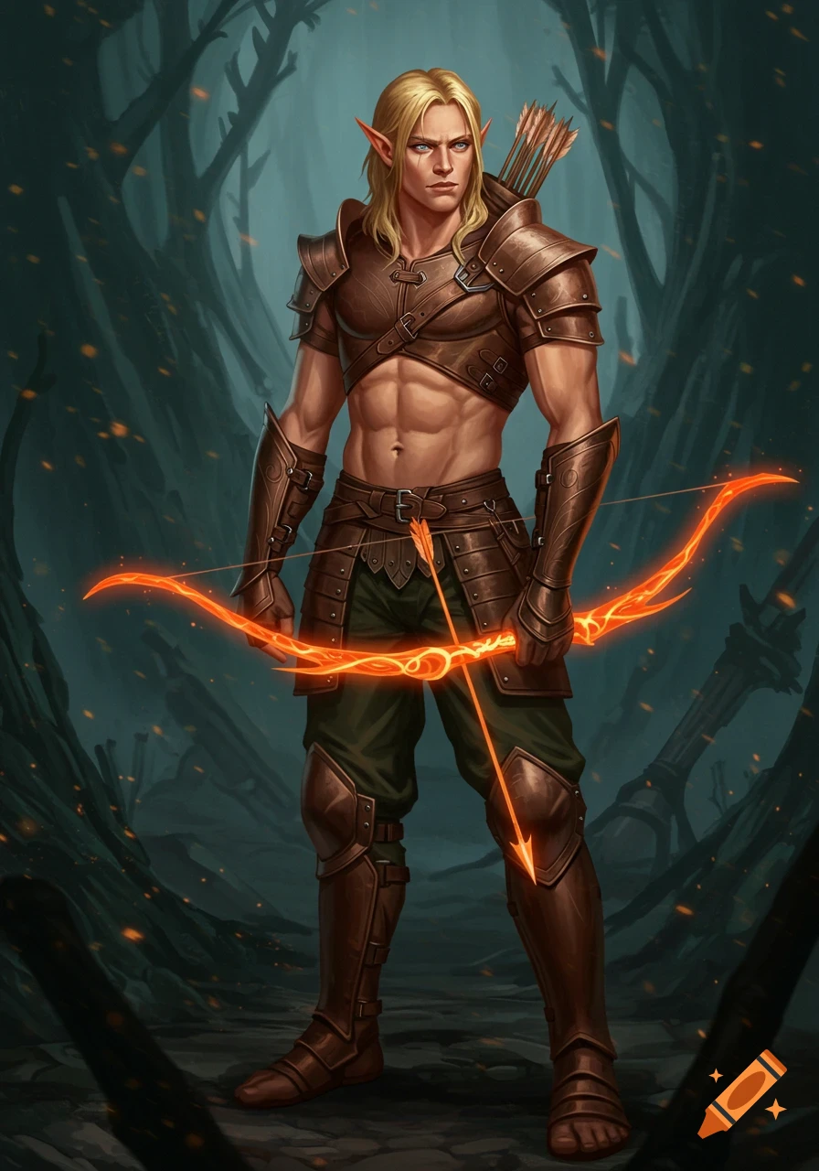 An athletic blond male elf in leather armor holds a glowing orange ...