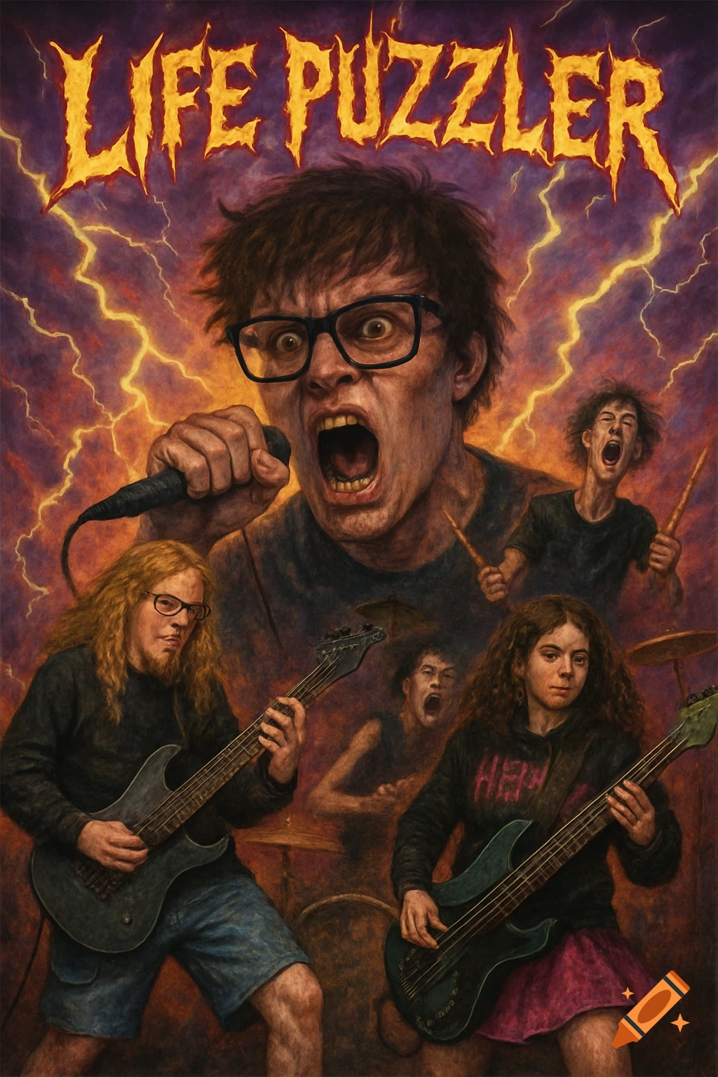 A vibrant, detailed illustration of a heavy metal band "Life Puzzler ...