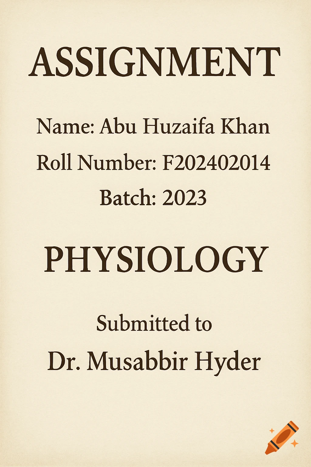 A formal assignment cover page with the title 'Assignment', student name 'Abu Huzaifa Khan ...