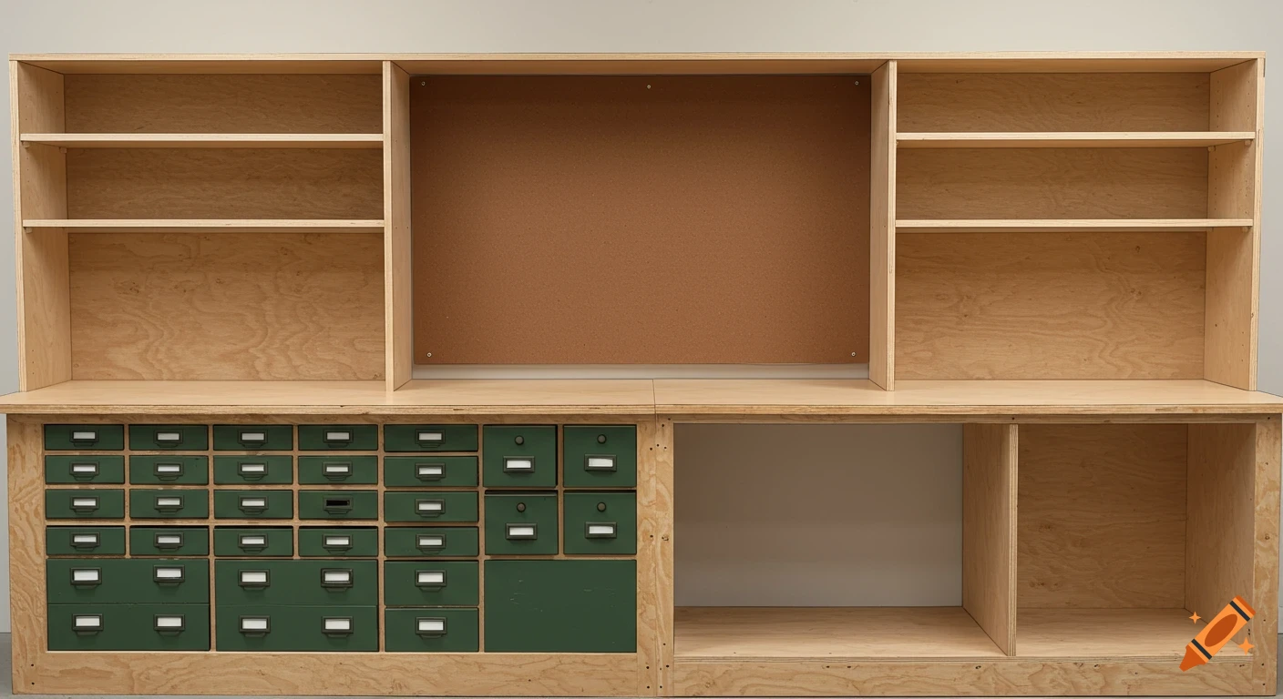 A wide, light wood workbench with upper shelves, a brown corkboard, and ...