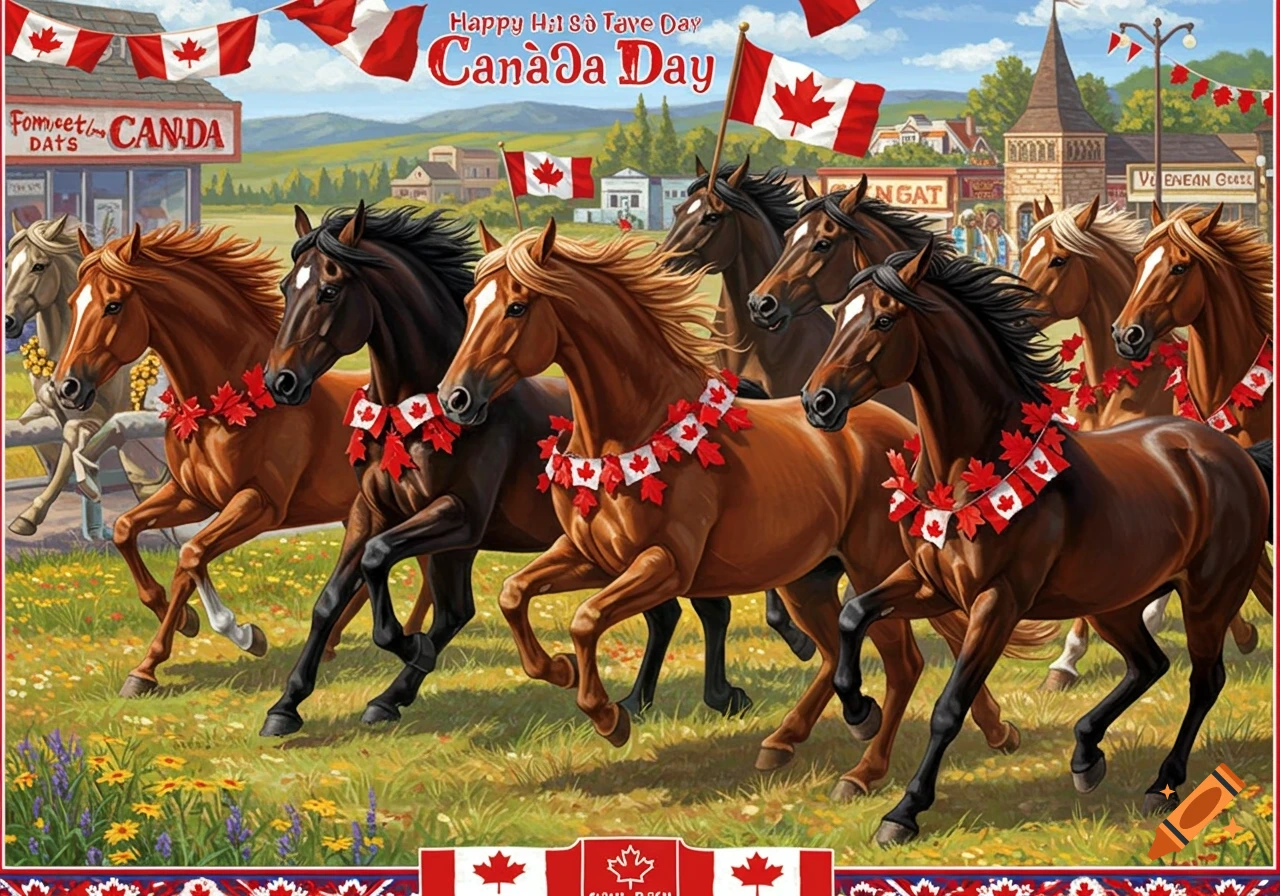 An illustration of a group of horses running through a field, decorated ...