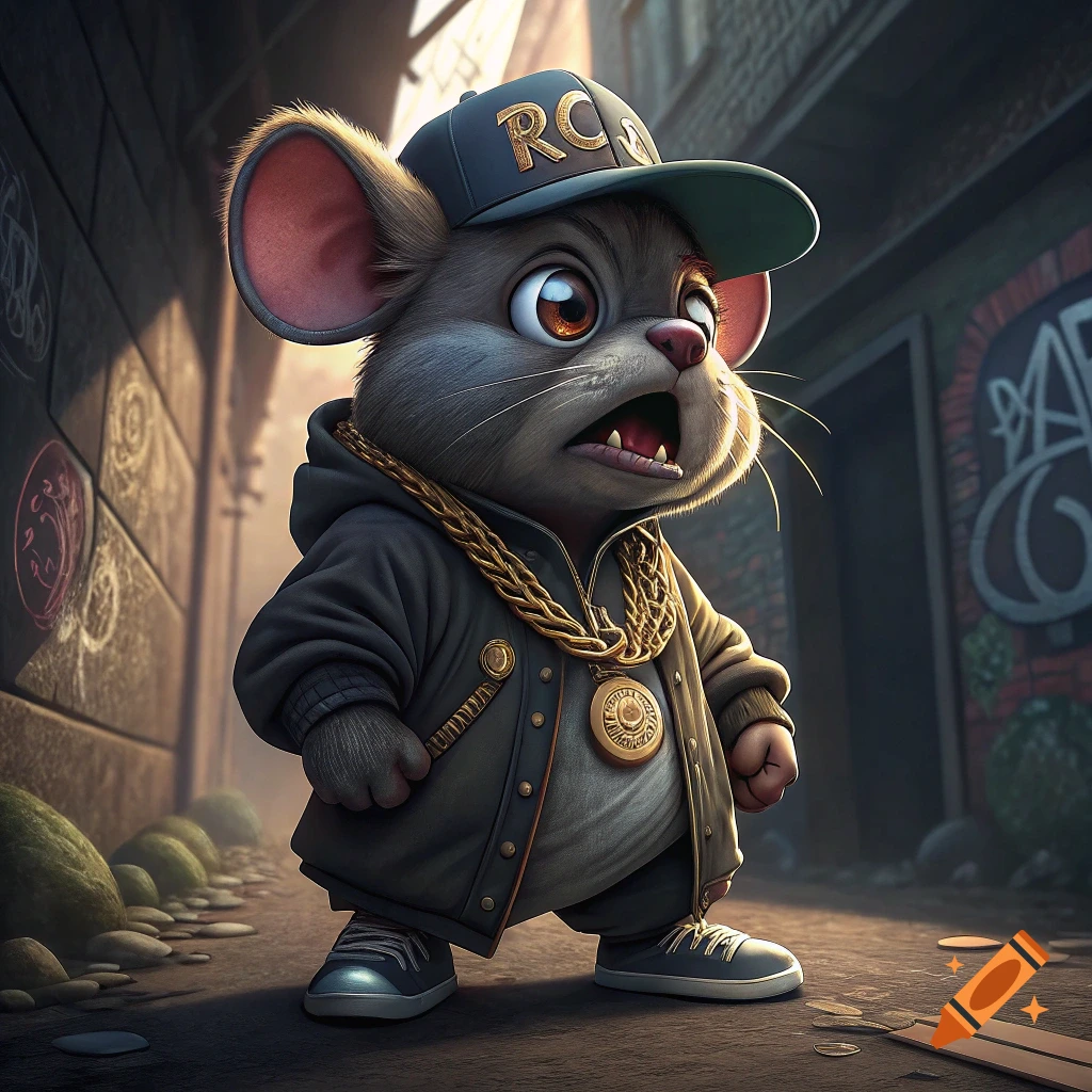 A cartoon mouse dressed as a hip-hop rapper, wearing a baseball cap and ...