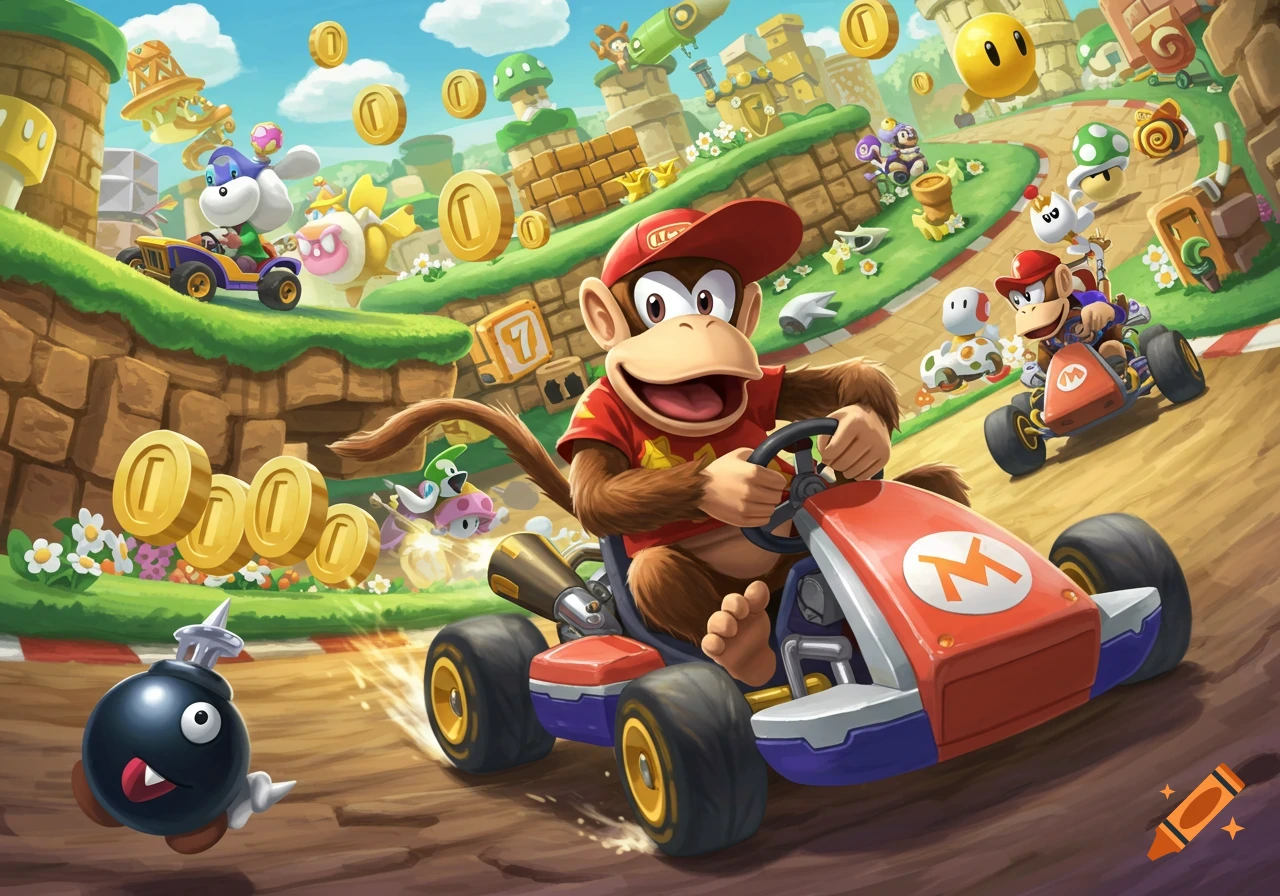 Diddy Kong leads a kart race with Donkey Kong and other characters on a vibrant Mario Kart track ...