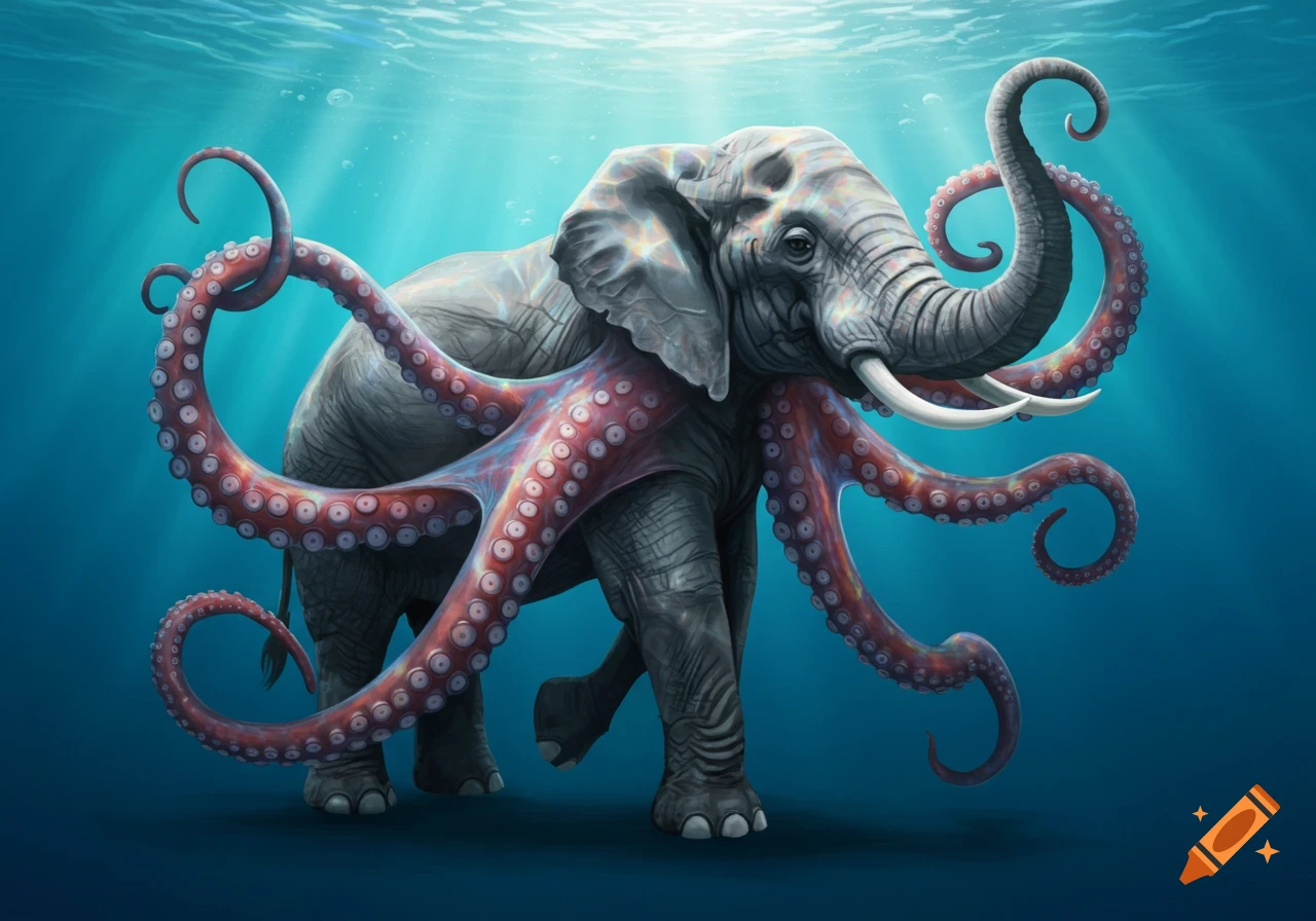 A fantastical elephant-octopus hybrid creature stands underwater with ...