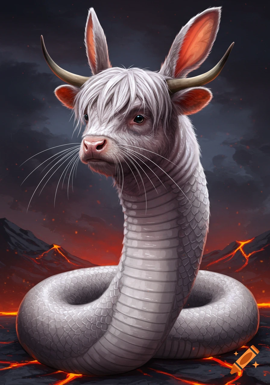 A white creature with a highland cow head, rabbit ears, and snake body ...