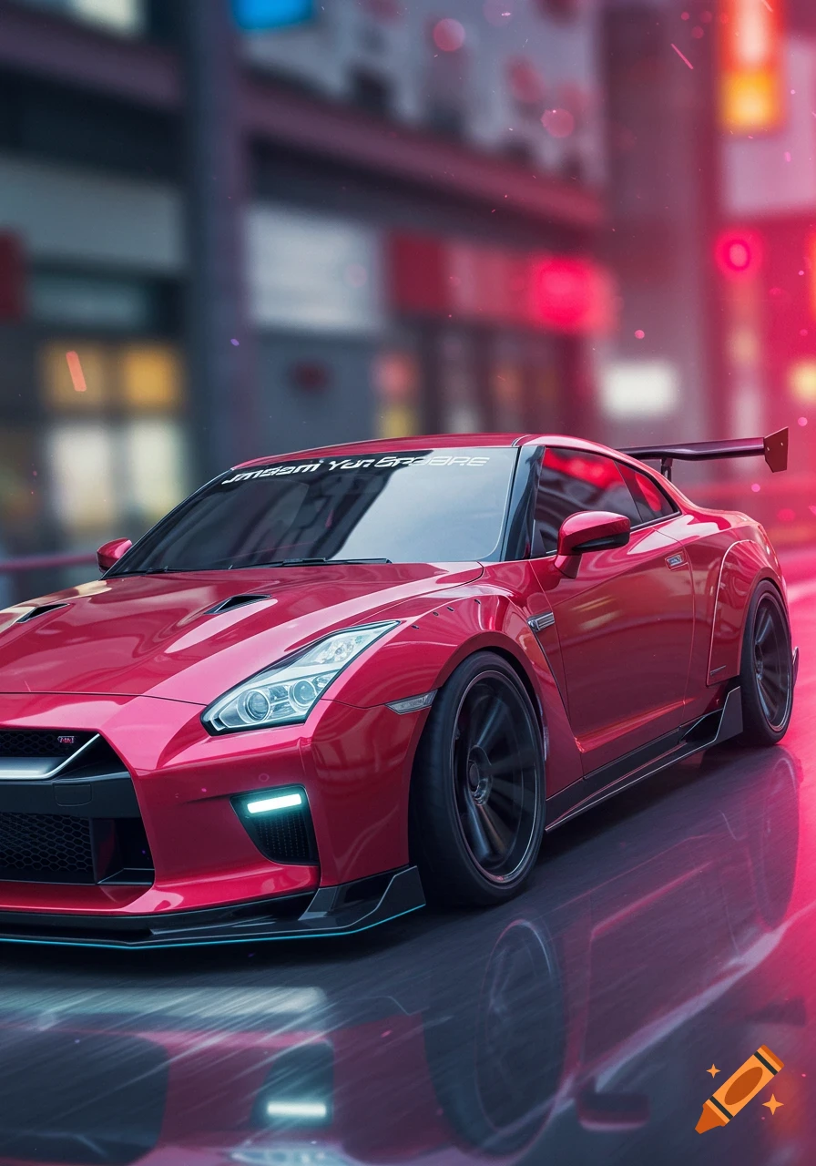 A vibrant red sports car, possibly a Nissan GT-R, with a large spoiler ...