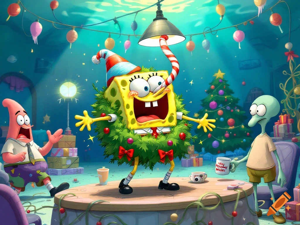 SpongeBob SquarePants dances on a table in a wreath and lampshade during an underwater Christmas ...
