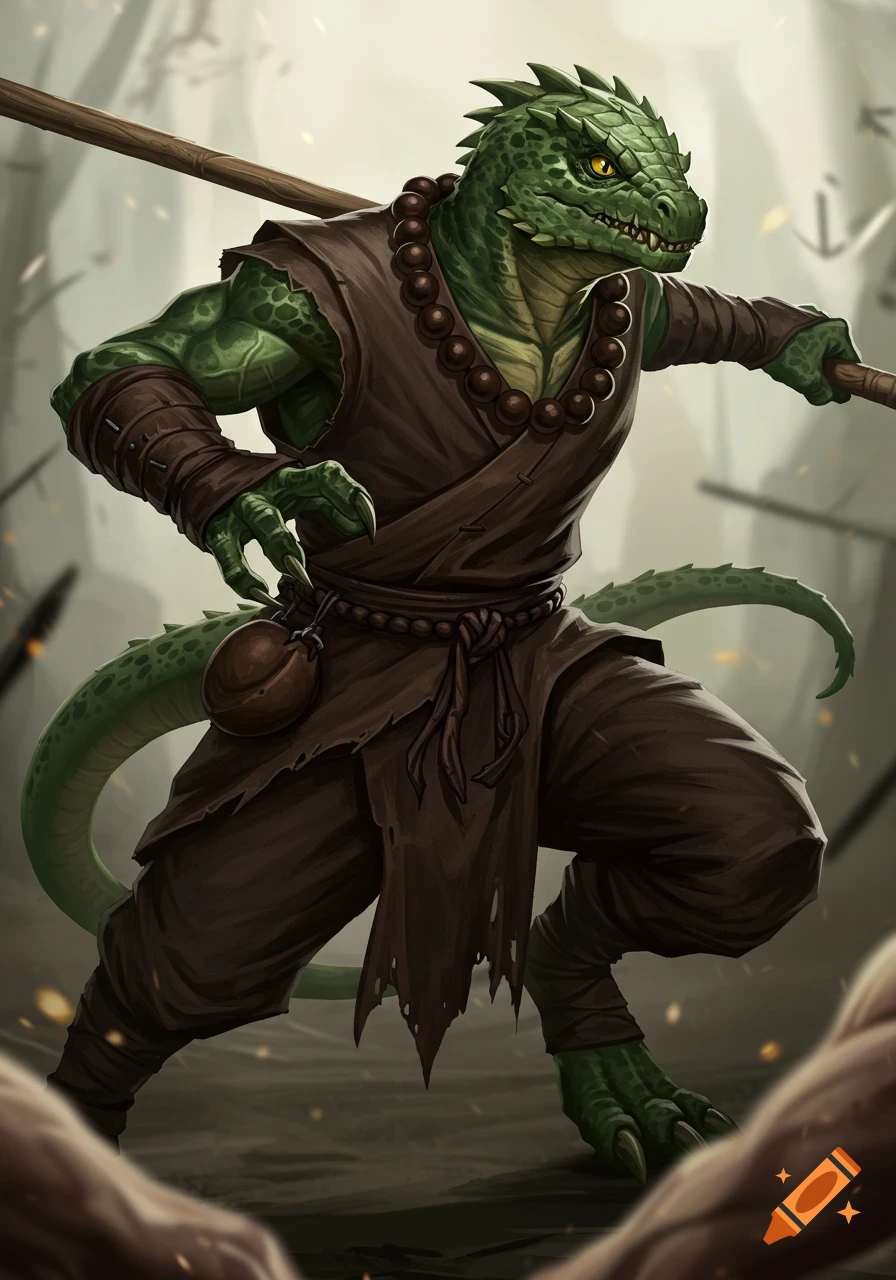 A detailed digital painting of a green male lizardfolk monk in a battle ...