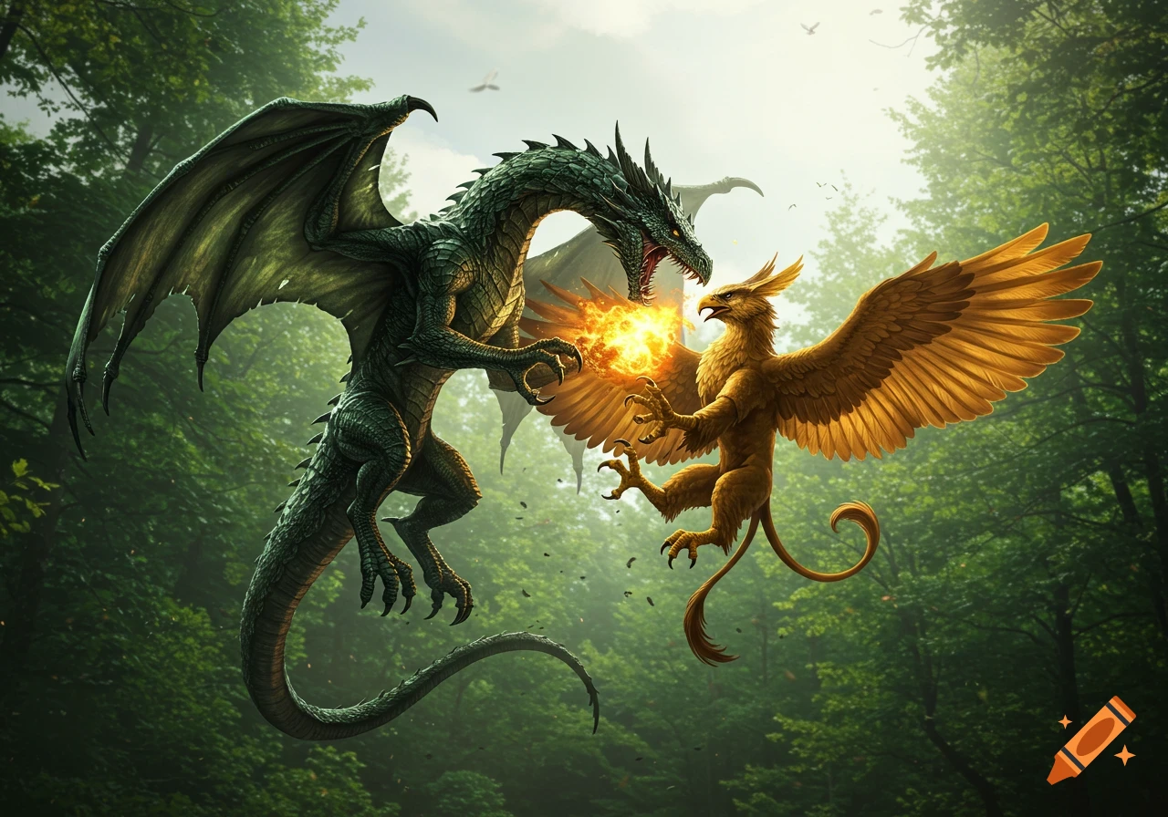 A green dragon with outstretched wings fights a golden gryphon in a ...