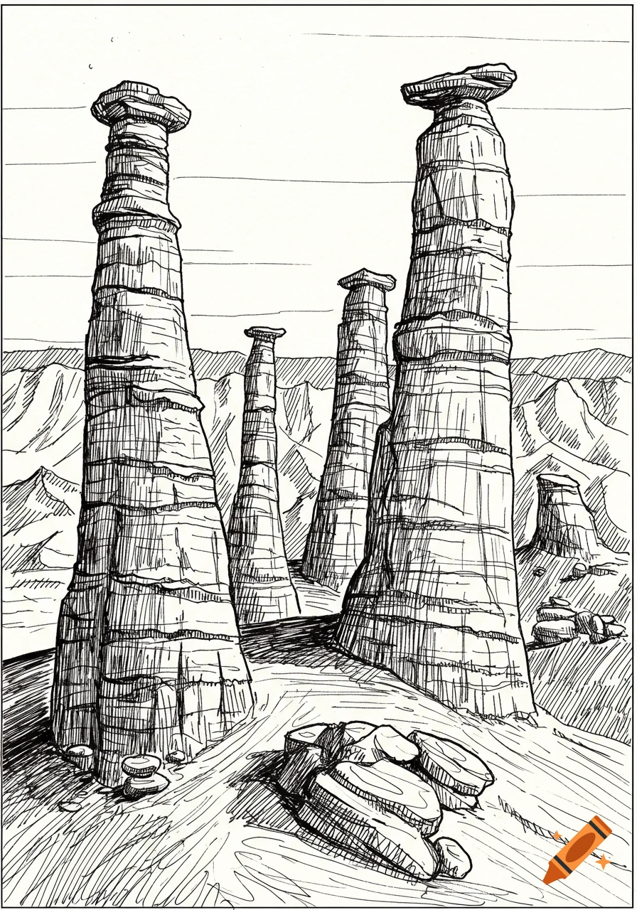 Black and white line art drawing of several tall hoodoo rock formations ...