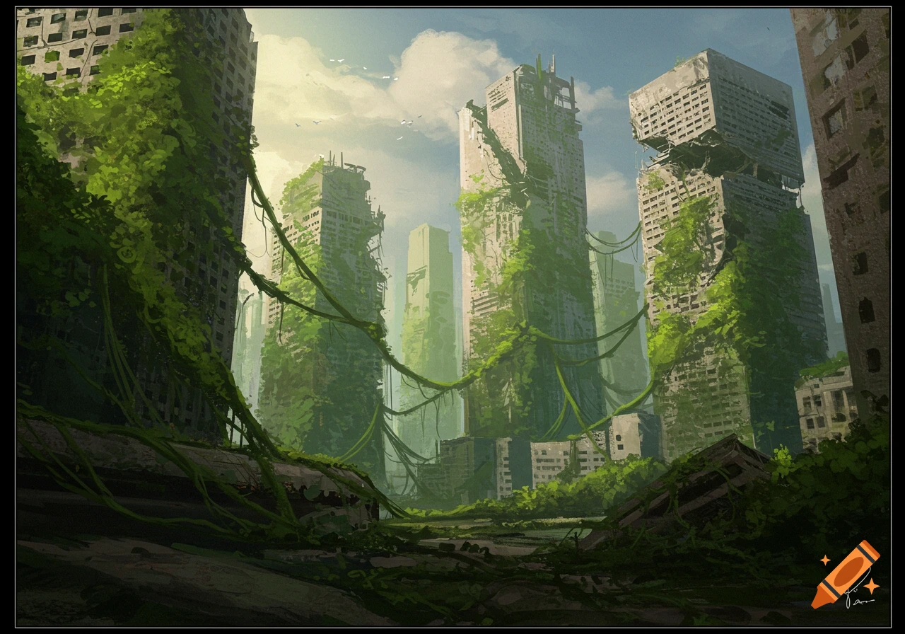 Digital painting of abandoned skyscrapers overgrown with green vines and foliage in a post ...