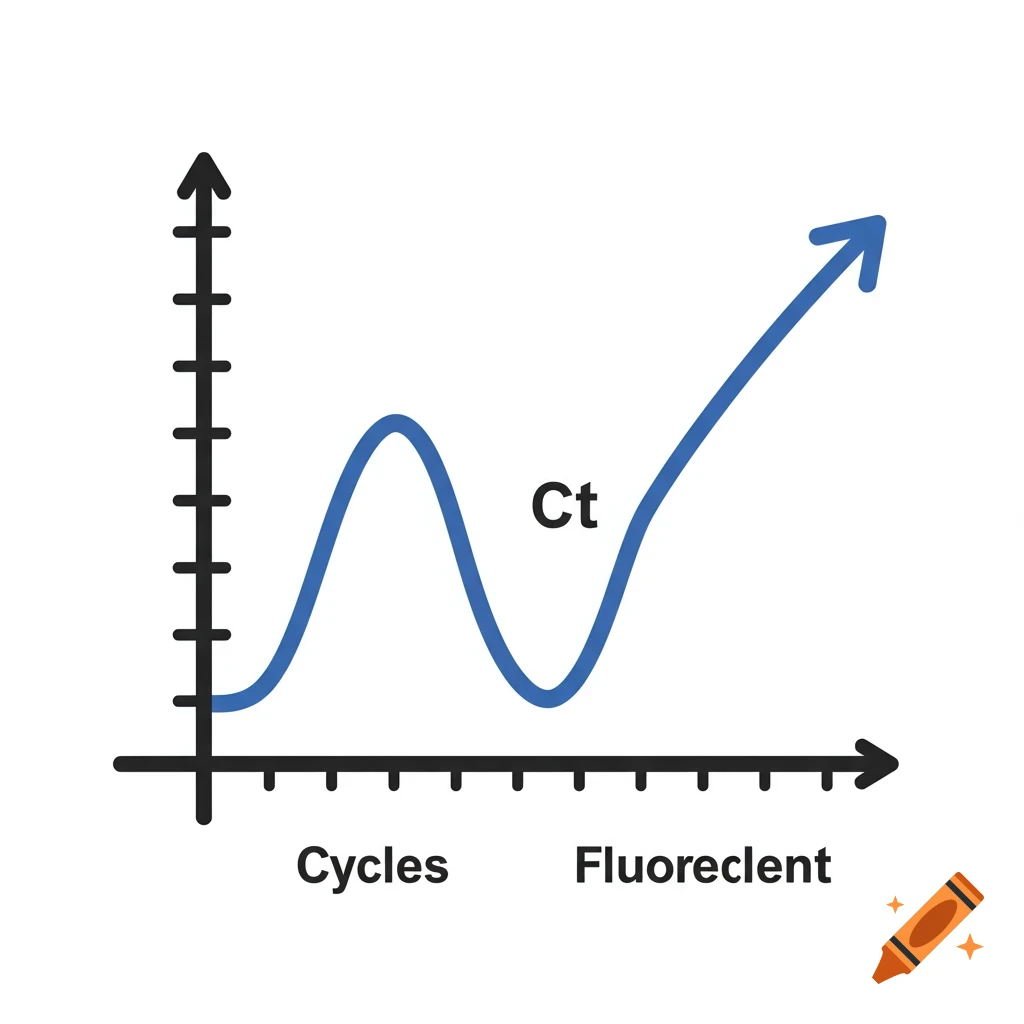 A line graph with a blue curve labeled 'Ct', showing 'Cycles' on the x-axis and 'Fluoreclent' on ...