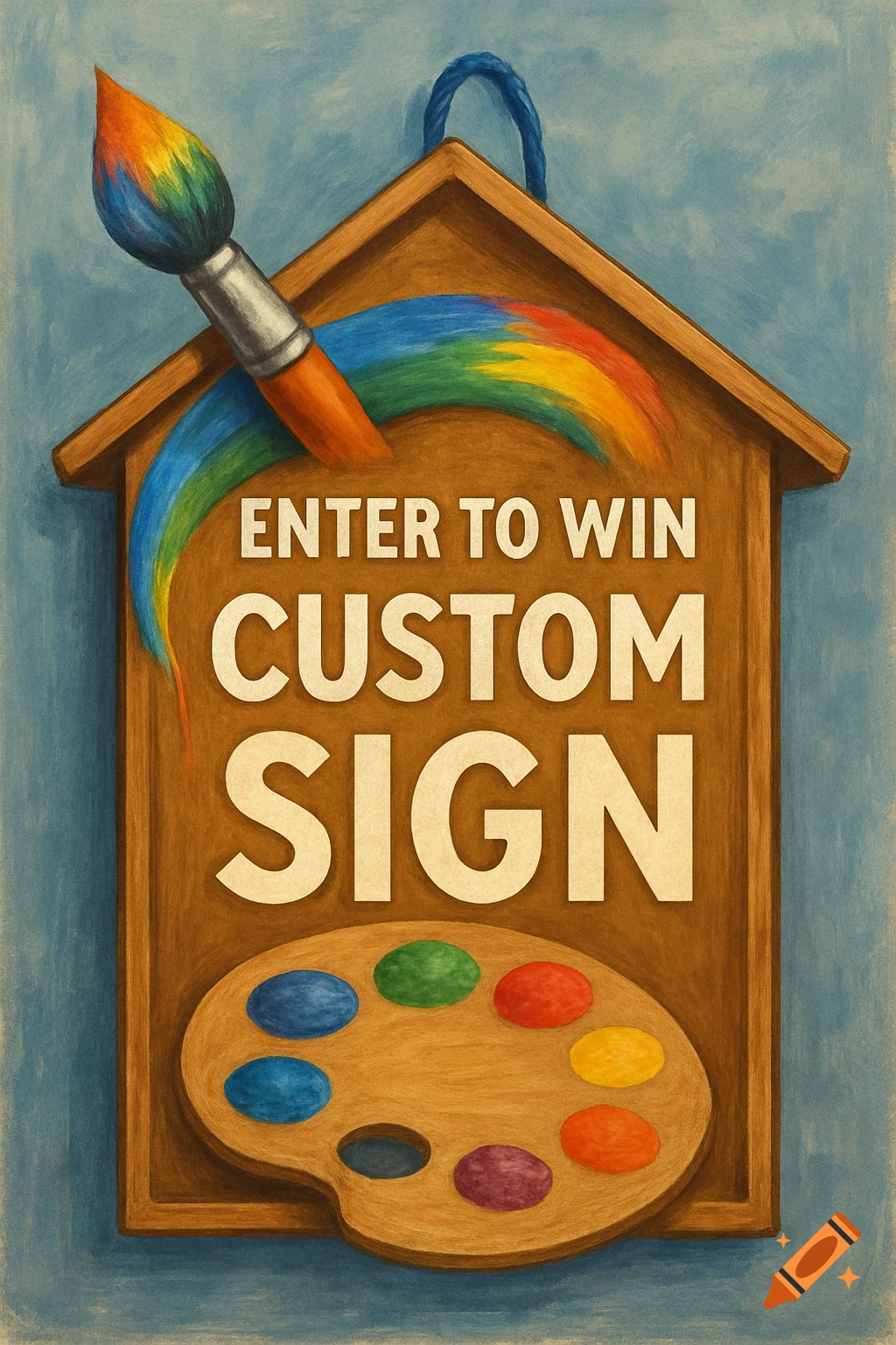 A wooden house-shaped sign features a paintbrush, paint palette, and the words "ENTER TO WIN ...