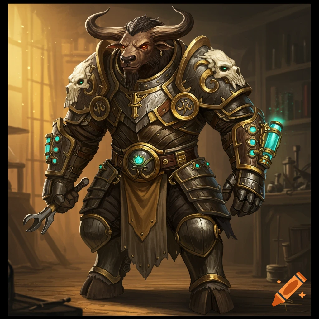 A powerful Minotaur artificer stands in a workshop, wearing intricate ...