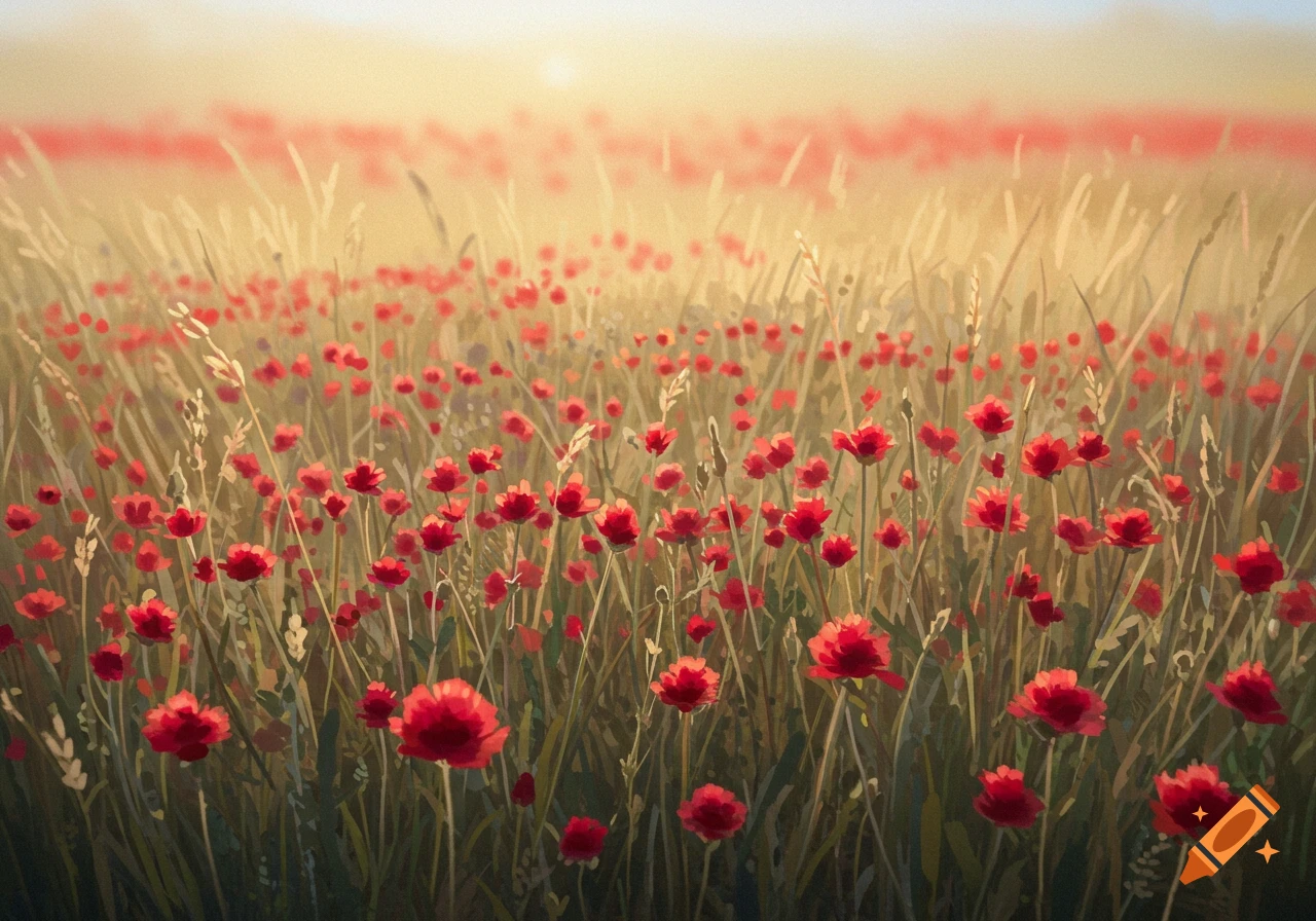 A field of small red poppies under a bright, hazy sky, in an ...